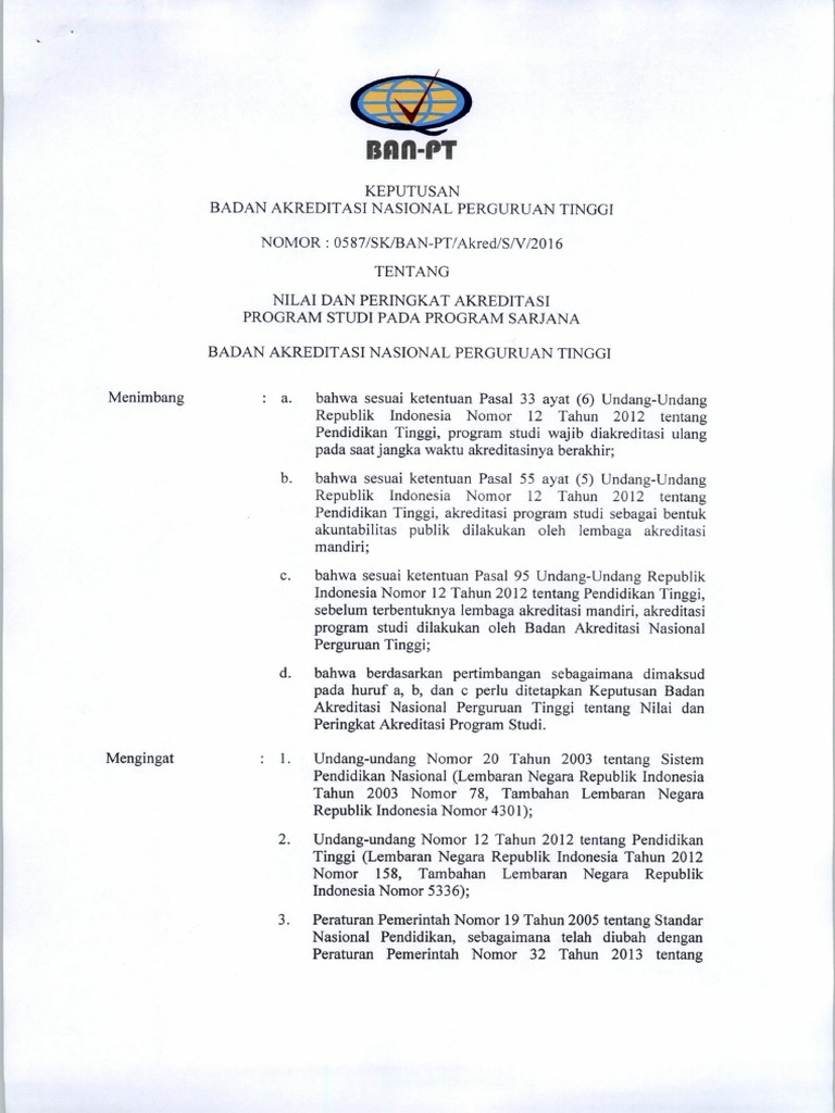 SK BAN PT No 0587 Tahun 2016 Program Sarjana UT PDF | PDF