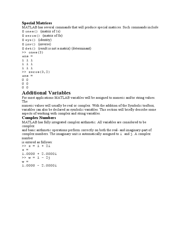 Additional Variables: Special Matrices | PDF | Teaching Methods & Materials