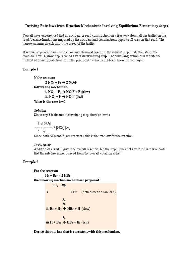 Deriving Rate Laws From Reaction Mechanisms Involving Equilibrium ...