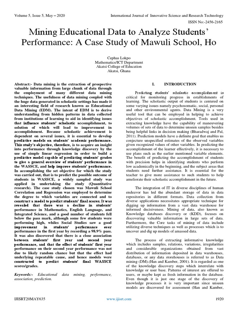 Mining Educational Data To Analyze Students' Performance A Case Study of Mawuli School, Ho | PDF ...