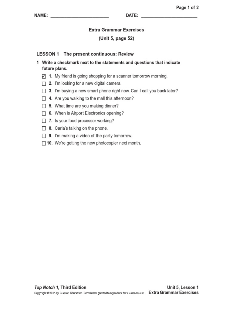 Extra Grammar Exercises (Unit 5, Page 52) : Top Notch 1, Third Edition | PDF | Media Technology ...