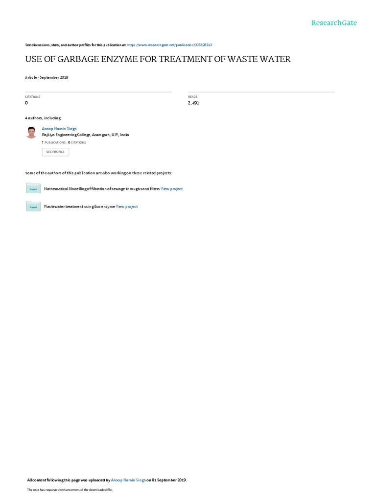 Use of Garbage Enzyme For Treatment of Waste Water: September 2019 ...