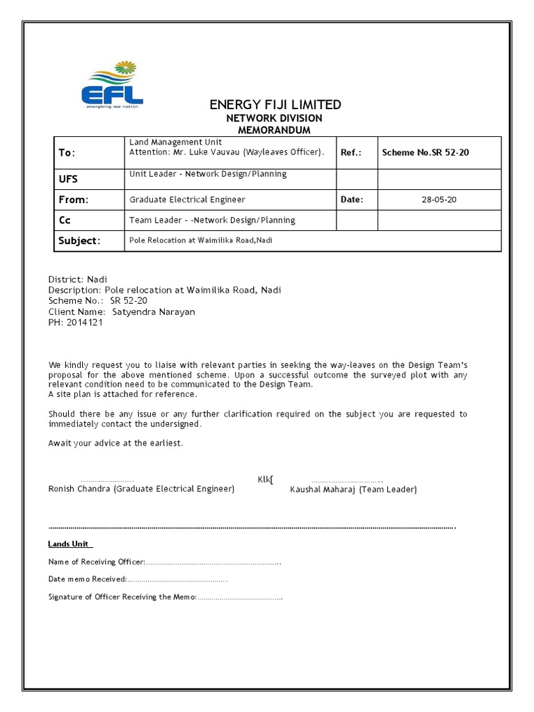 Wayleave Request For Pole Relocation at Waimilika Road, Nadi | PDF