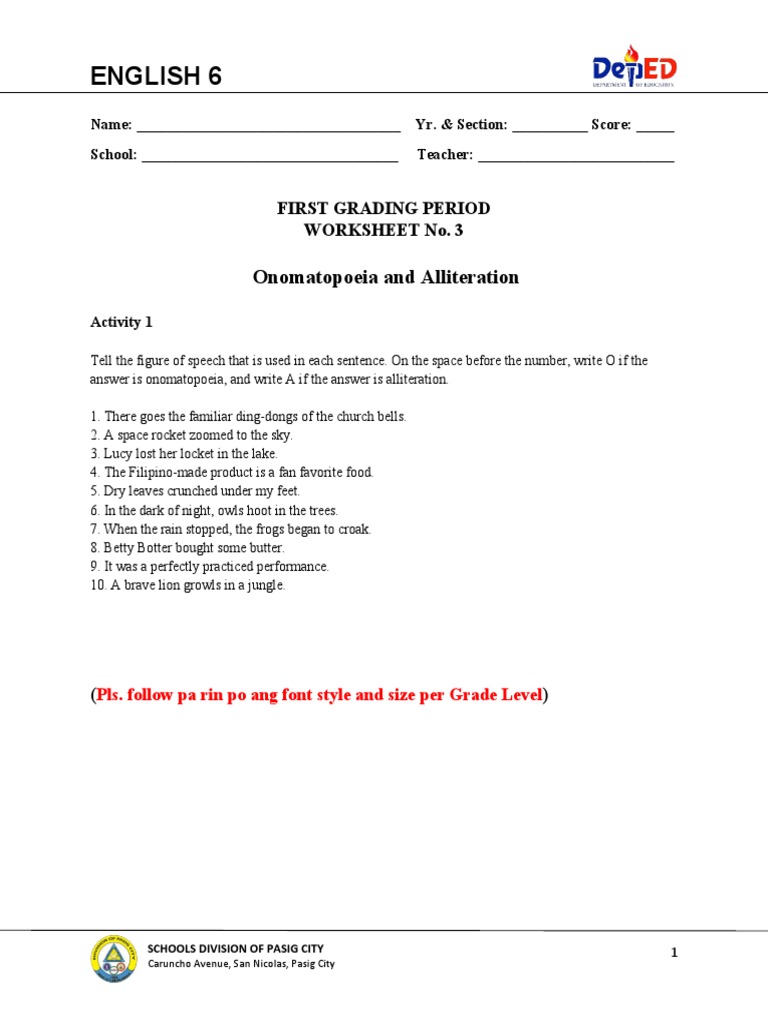 Onomatopoeia and Alliteration Worksheet | PDF
