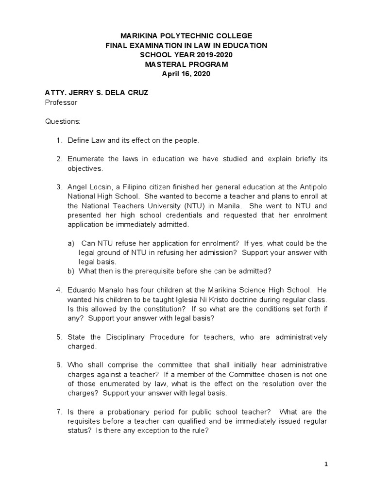 Law in Education: Final Exam Review | PDF | Test (Assessment) | Teachers