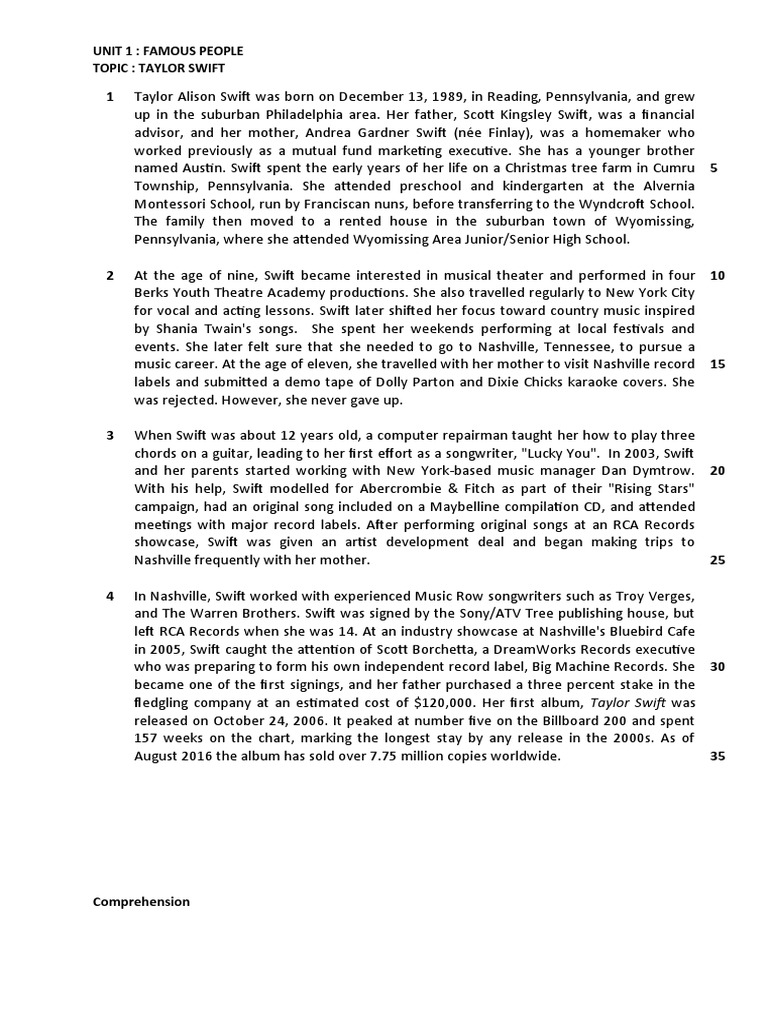 Unit 1: Famous People Topic: Taylor Swift: Comprehension | PDF | Taylor ...