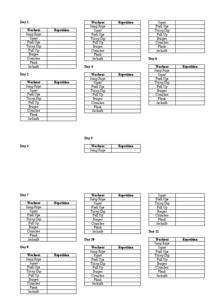 Day 1 Workout Repetition Workout Repetition | PDF | Physical Exercise ...