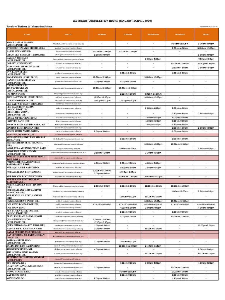 Consultation Hours (Jan-2020) | PDF | Science & Mathematics