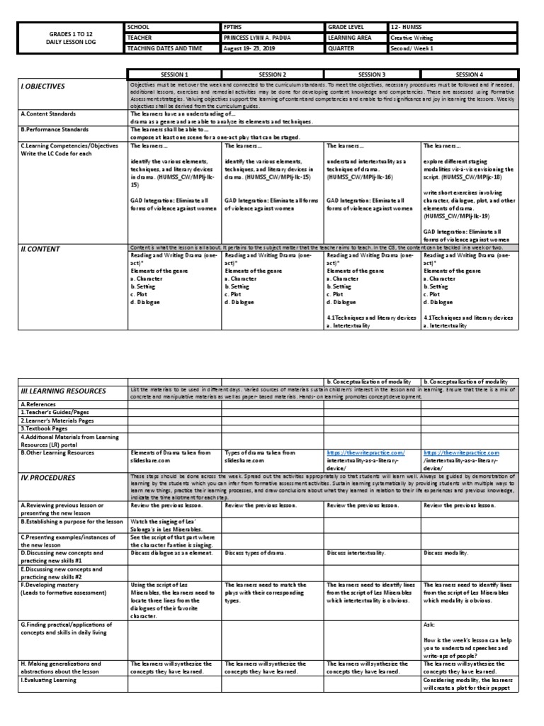 I.Objectives: Grades 1 To 12 Daily Lesson Log School Grade Level ...