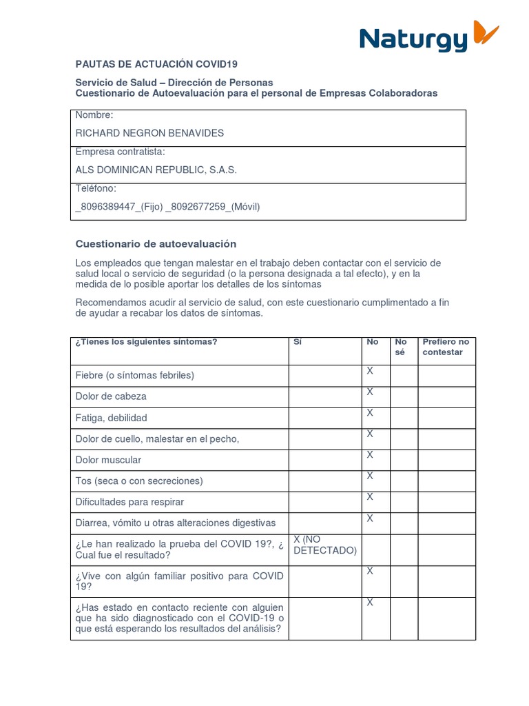Cuestionario Salud COVID19 EECC (ALS DR SAS) PDF | PDF