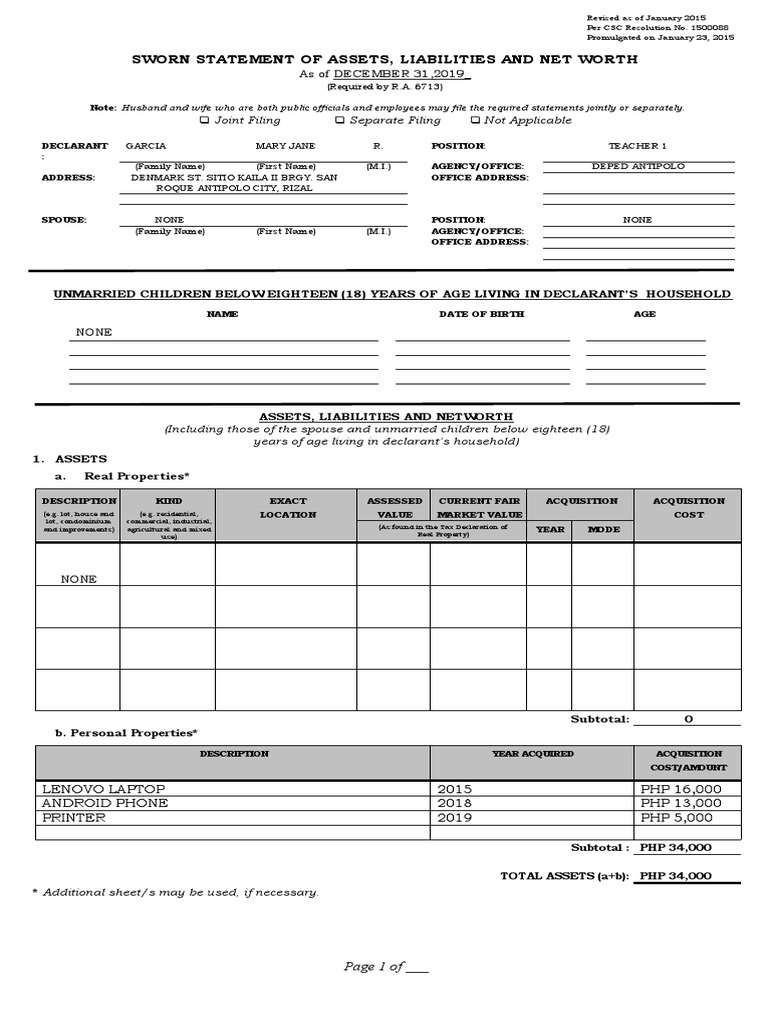 Sworn Statement of Assets, Liabilities and Net Worth | PDF | Net Worth ...