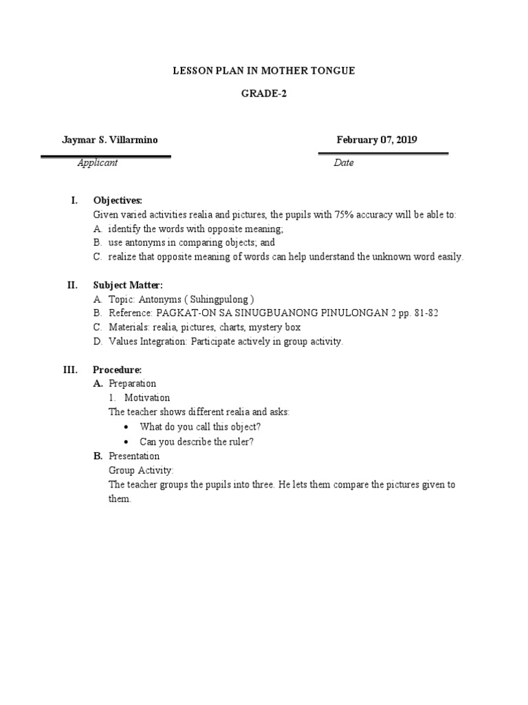 Jiecil LESSON PLAN IN MTB | Download Free PDF | Behavior Modification | Communication