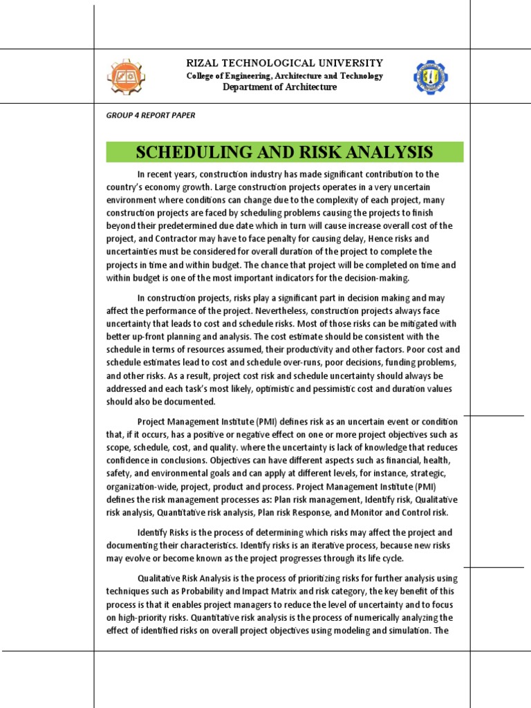 Reaction Paper Group 4 (SCHEDULING AND RISK ANALYSIS) | PDF | Risk ...