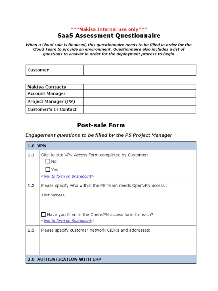 SaaS Deployment Questionnaire | PDF | Cloud Computing | Virtual Private Network