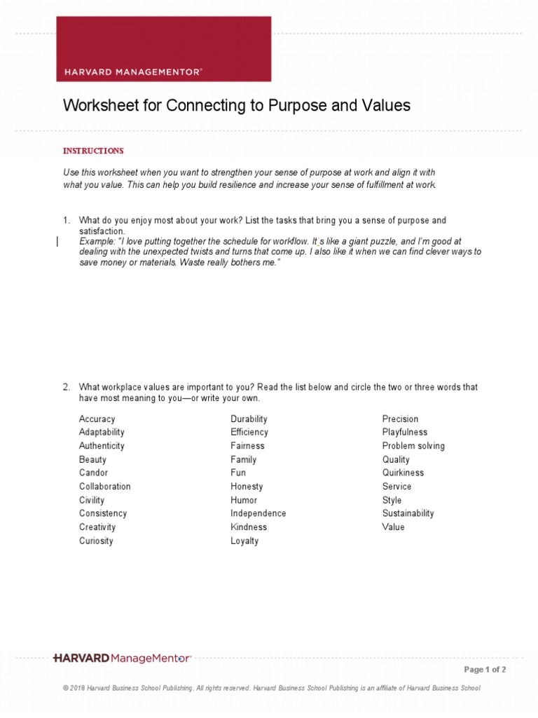 Worksheet For Connecting To Purpose and Values: Instructions | PDF | Behavior Modification ...