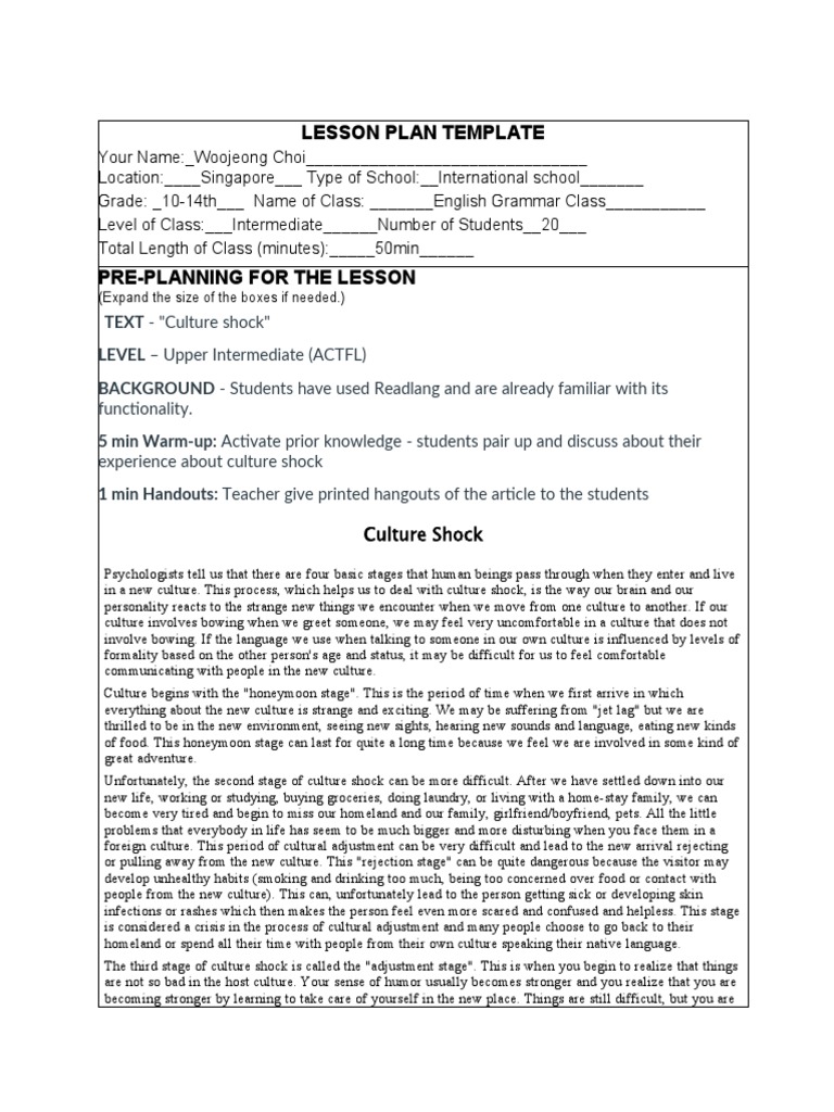 Culture Shock Lesson Plan for ESL Students | PDF | Vocabulary ...