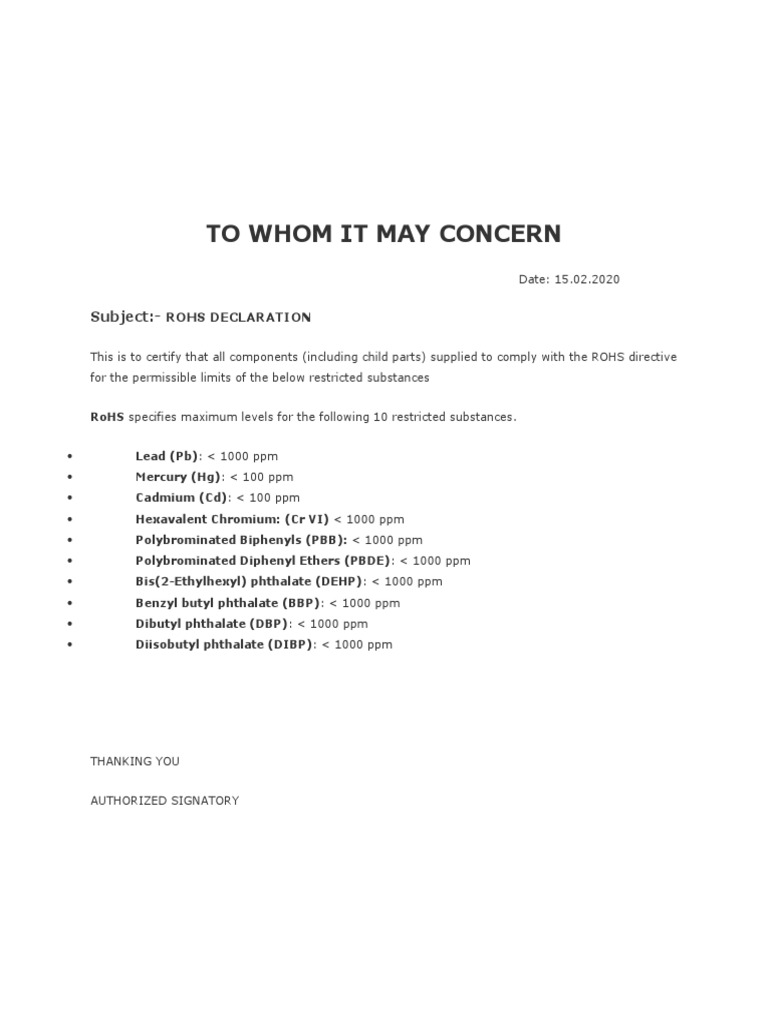 RoHS Compliance Declaration Template | PDF