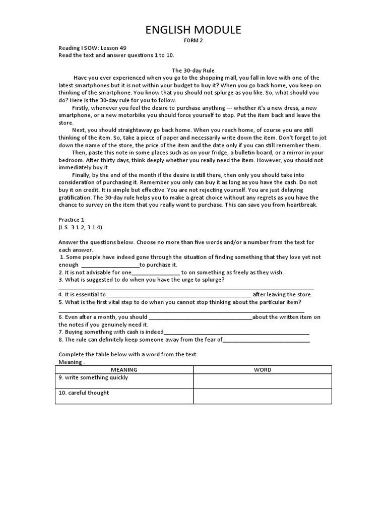 English Module: Form 2 | PDF