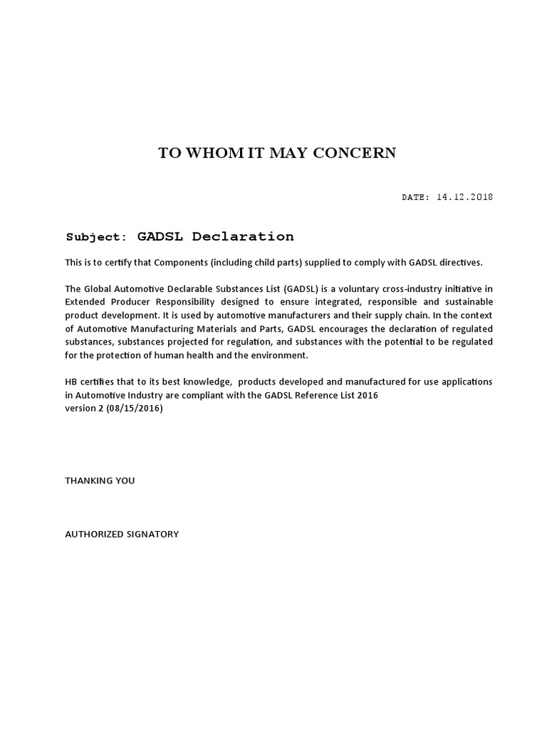 To Whom It May Concern: GADSL Declaration | PDF