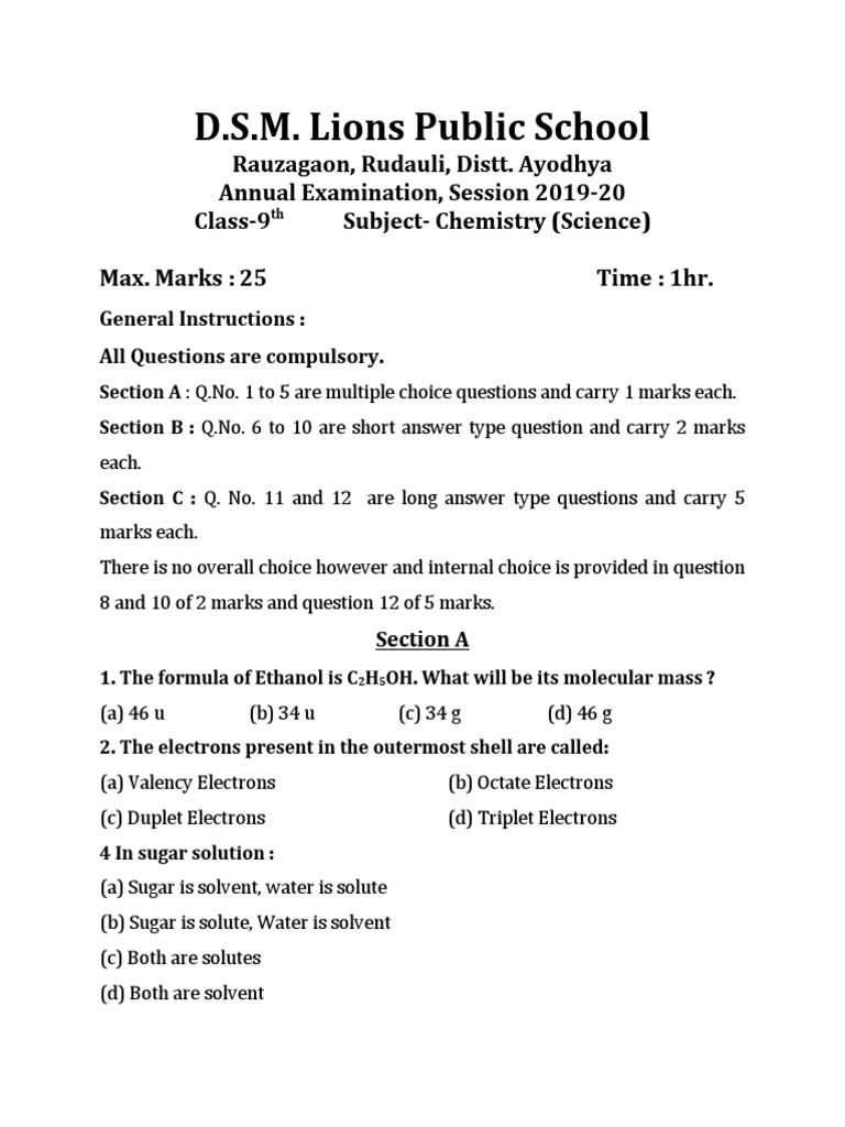 Class 9 Chemistry Exam Paper 2019-20 | PDF
