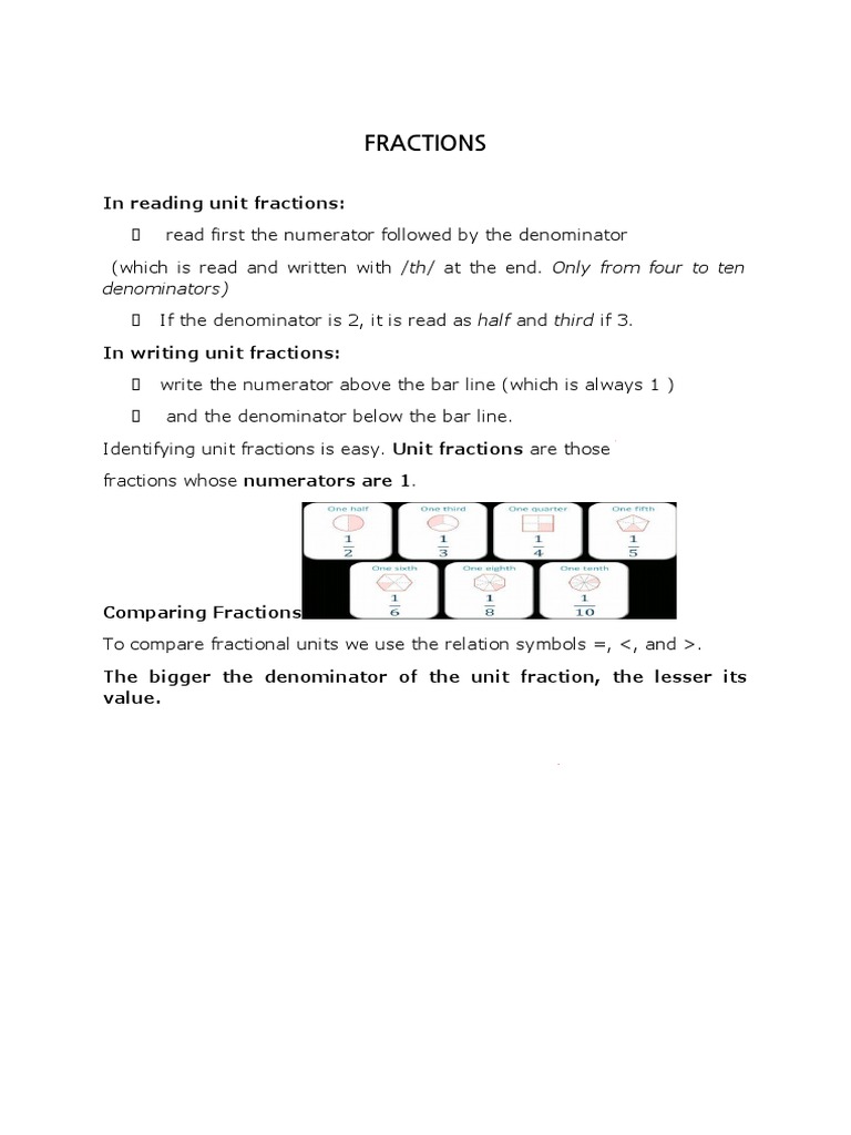 Fractions: in Reading Unit Fractions | PDF | Teaching Methods & Materials