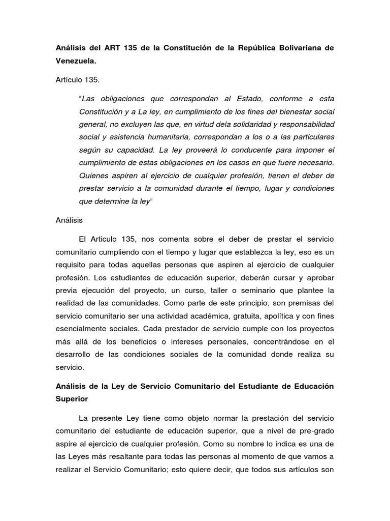 Análisis Del Art. 135 | PDF | Venezuela | Trabajo Social
