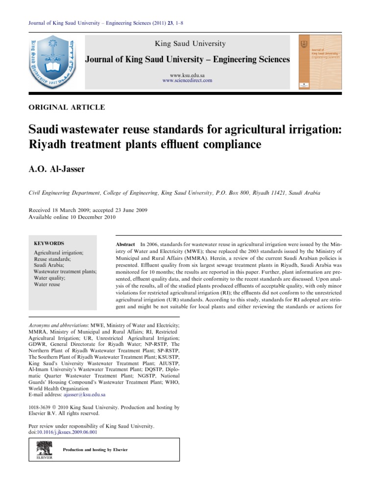 Saudi Wastewater Reuse Standards For Agricultural | PDF