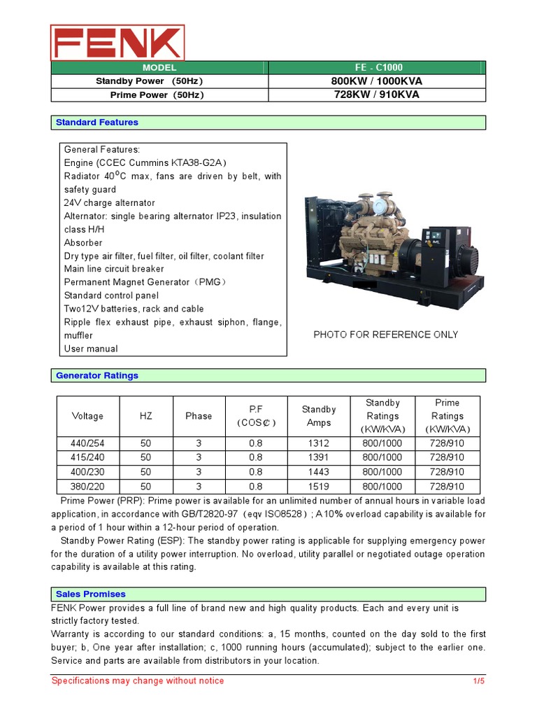 Standby Power 50Hz Prime Power 50Hz - : Standard Features | PDF ...