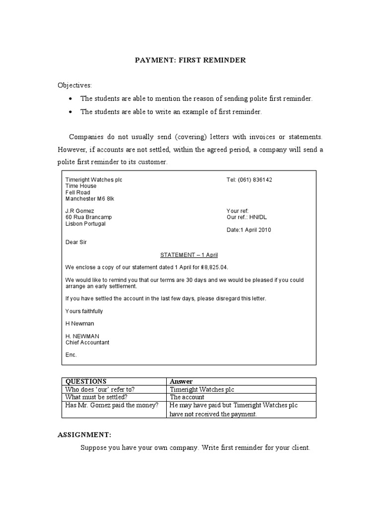 Payment: First Reminder: Questions Answer | PDF
