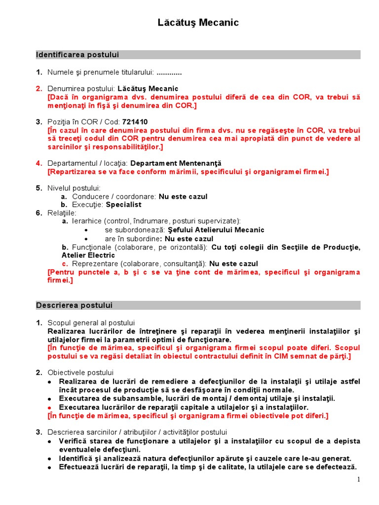 Lacatus Mecanic Fisa de Post | PDF