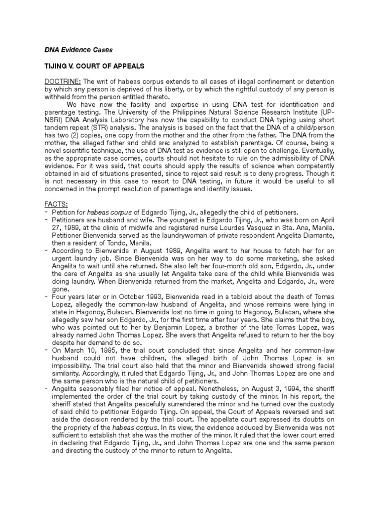 Tijing V. Court of Appeals: DNA Evidence Cases | PDF | Confession (Law ...