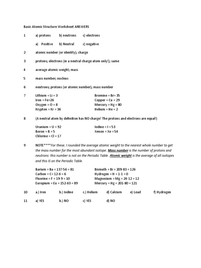 Basic Atomic Structure Worksheet ANSWERS | PDF | Atoms | Proton