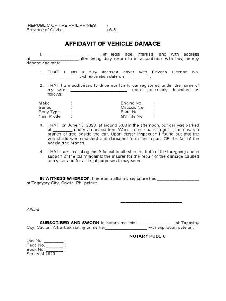 Affidavit of Damage To Vehicle Insurance | PDF | Finance & Money Management