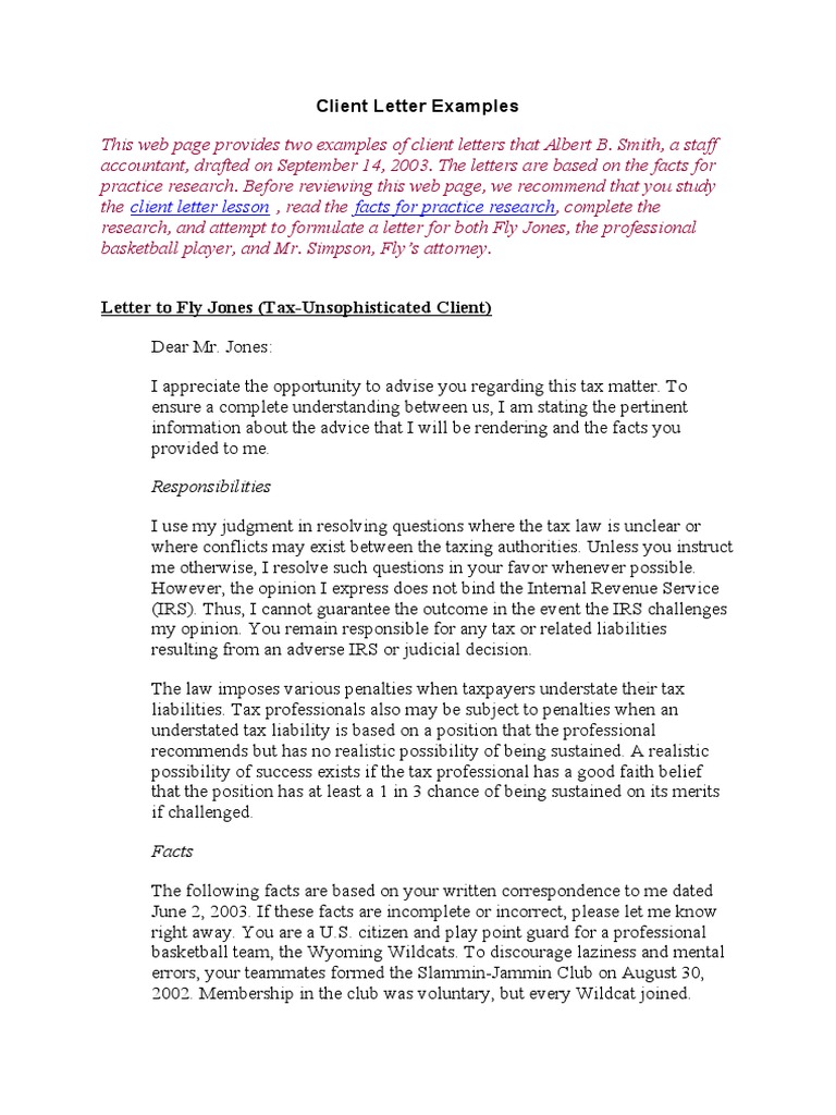 Client Letter Examples for Tax Matters | PDF | Internal Revenue Service ...