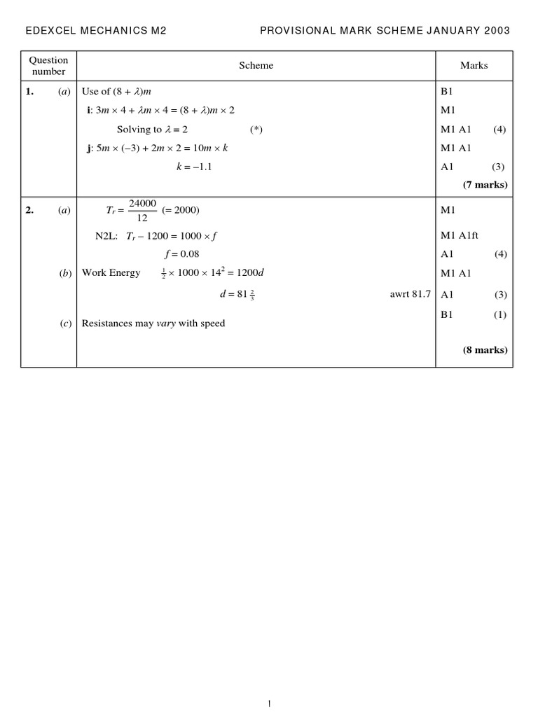 Edexcel M2 Jan 2003 Mark Scheme | PDF | Mass | Mechanics