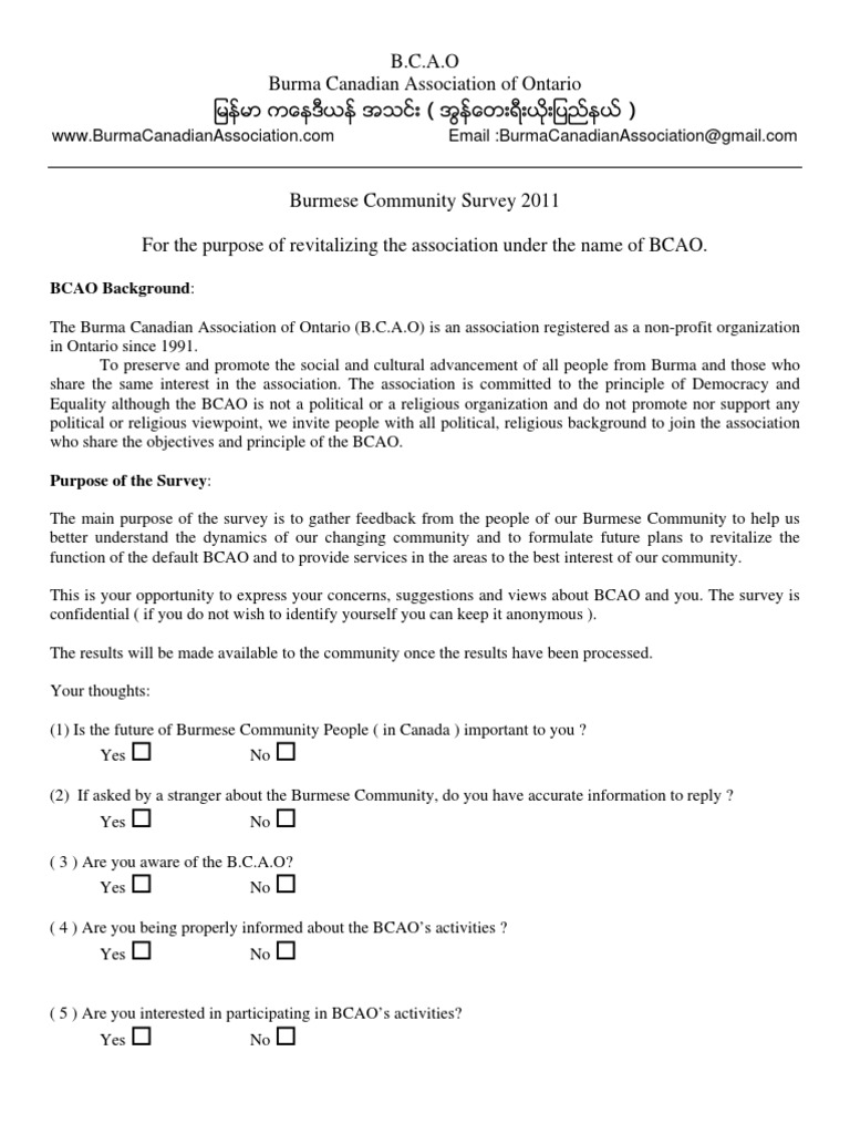 BCAO Survey 2011 For Burmese Community | PDF | Myanmar | Government