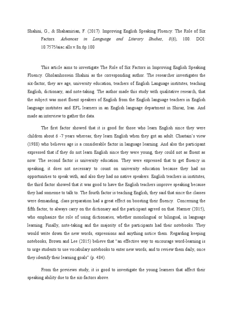 '17 Improving English Speaking Fluency The Role of Six Factors | PDF ...