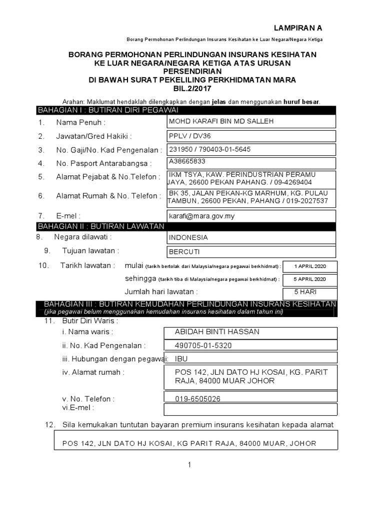 Borang Insuran Luar Negara 2020 | PDF