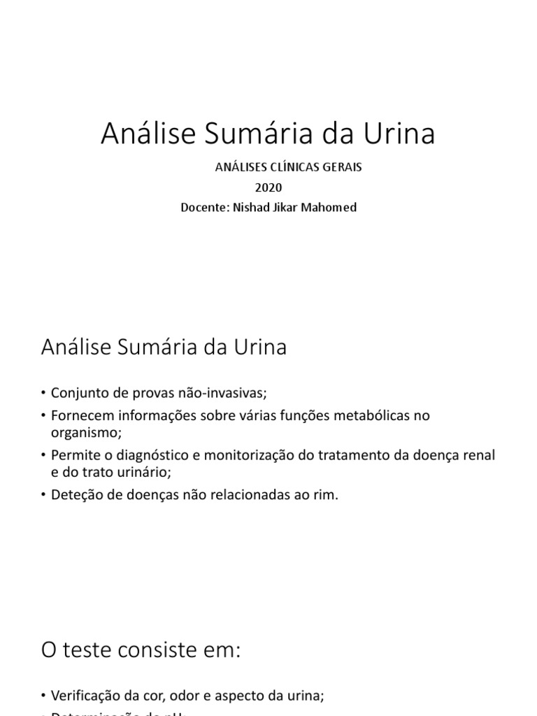 Análise Sumária Da Urina PDF | PDF | Rim | Medicina Clínica