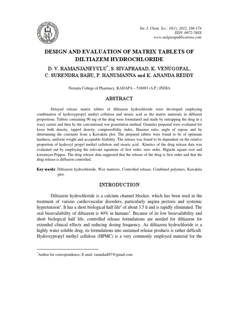 Design And Evaluation Of Matrix Tablets For Extended Release Of Diltiazem Hydrochloride Pdf