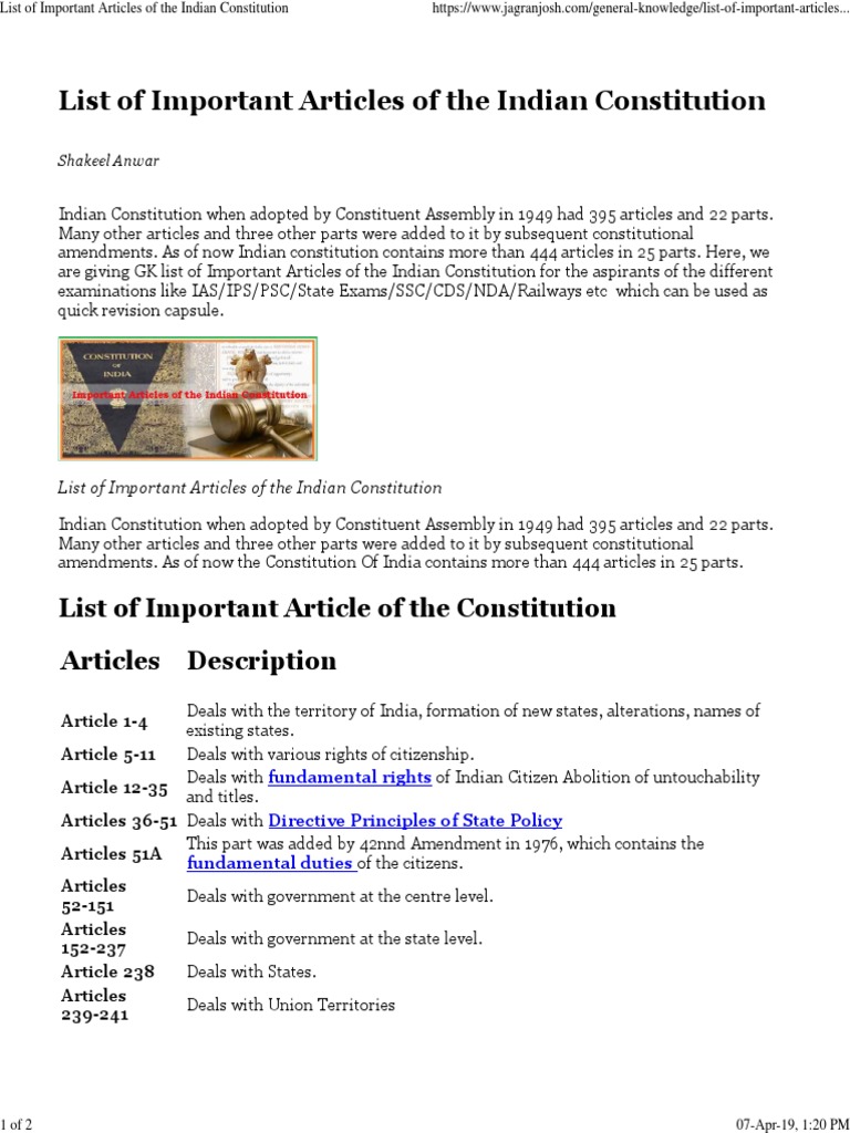 Key Articles of the Indian Constitution | PDF | Justice | Crime & Violence