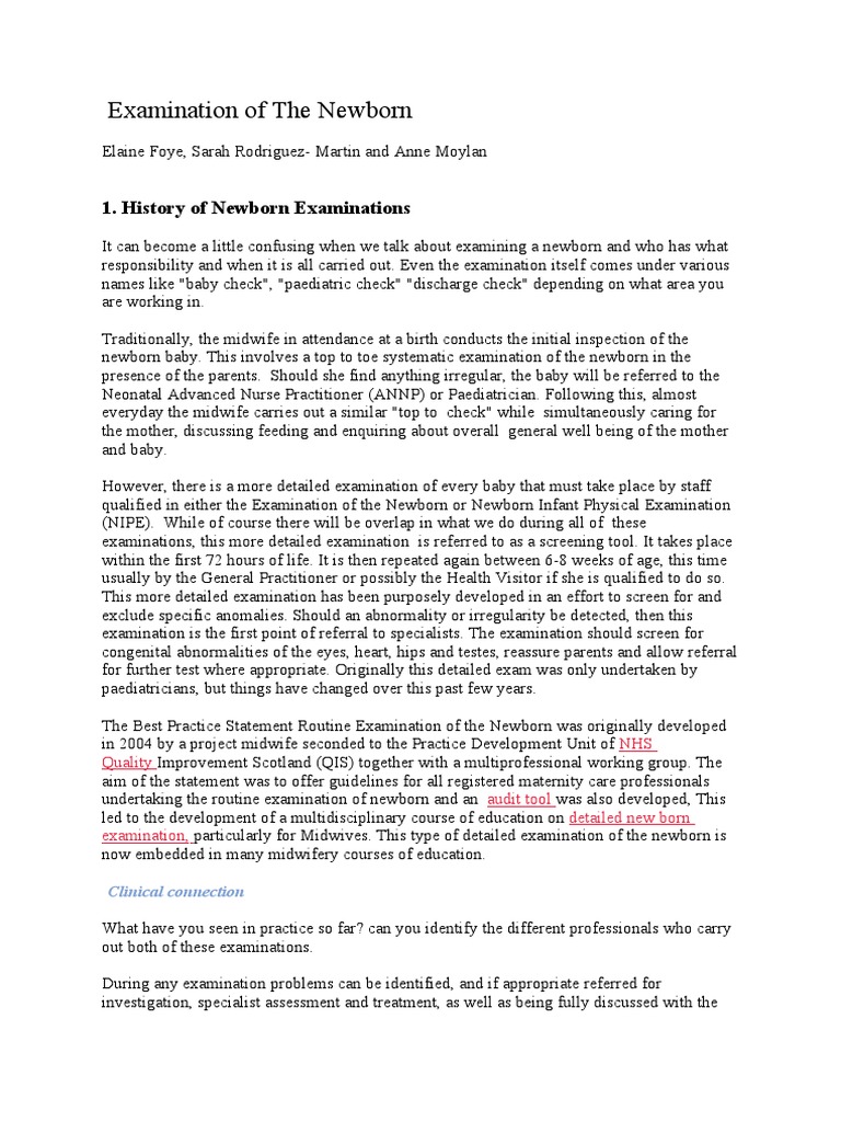 Newborn Examination Guidelines and Roles | PDF | Midwife | Midwifery