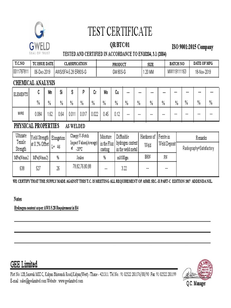 Test Certificate: QR/BTC/01 ISO 9001:2015 Company | PDF | Building ...