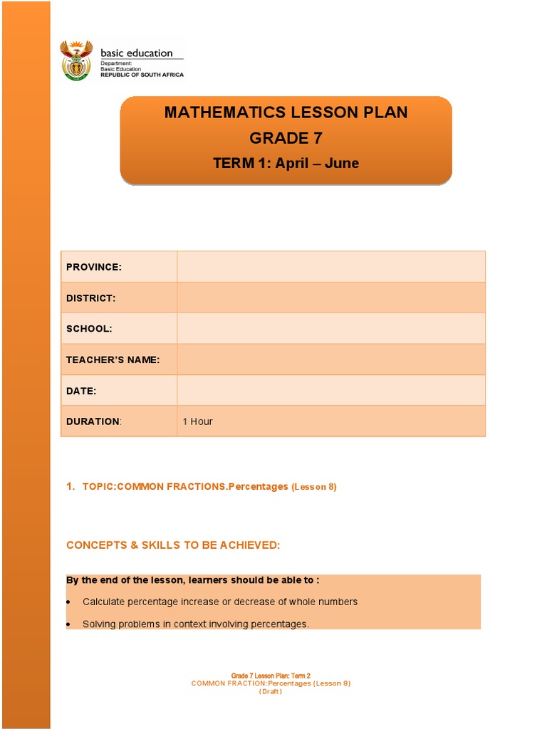 Grade 7 Common Fractions Lesson 8 | PDF | Percentage | Lesson Plan