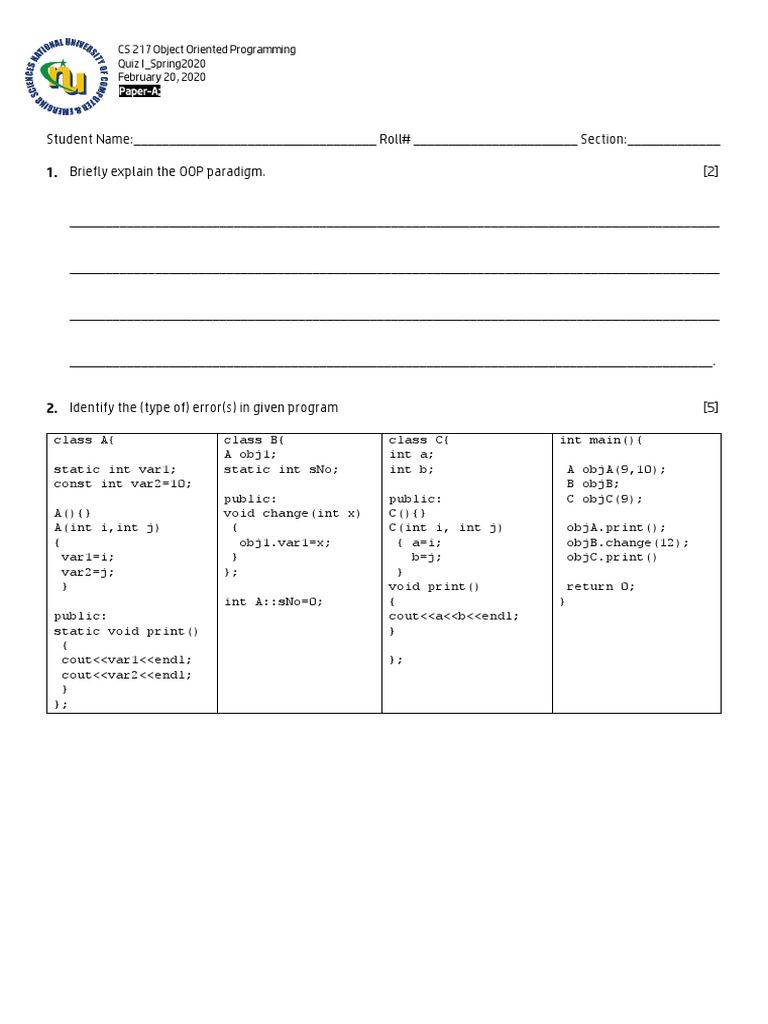 Quiz I - C - J - Paper A - Spring2020 | PDF | Computer Programming ...