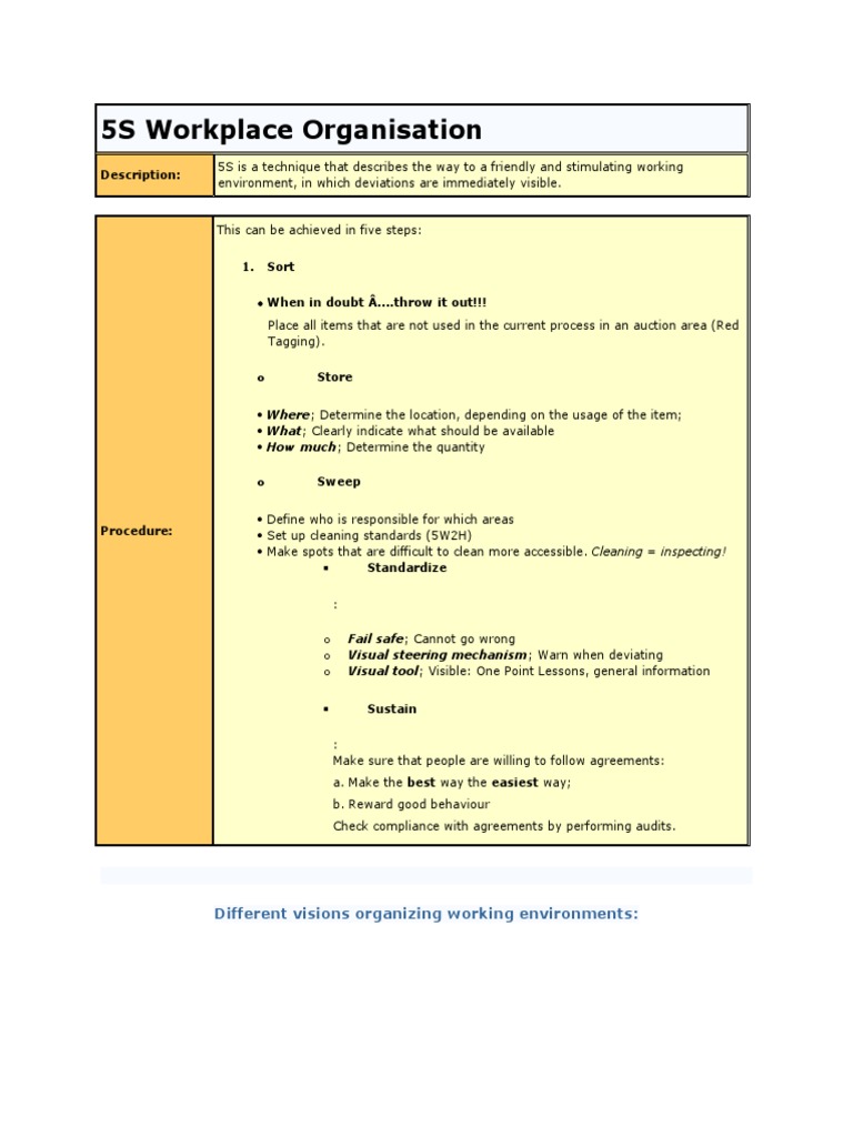 5S Workplace Organisation: Description | PDF | Business