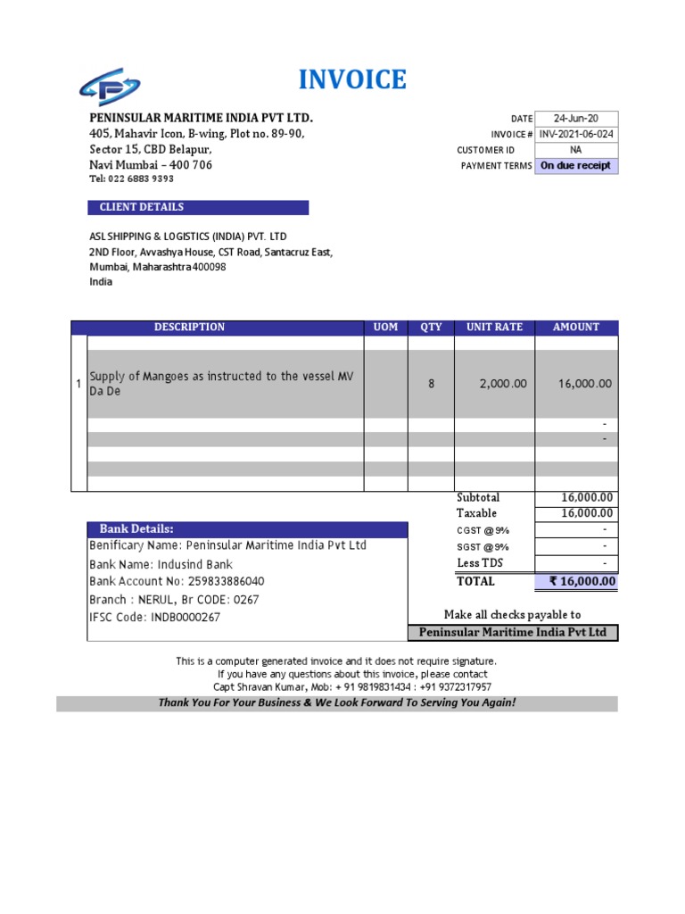 Invoice: Peninsular Maritime India PVT LTD | PDF | Invoice | Receipt