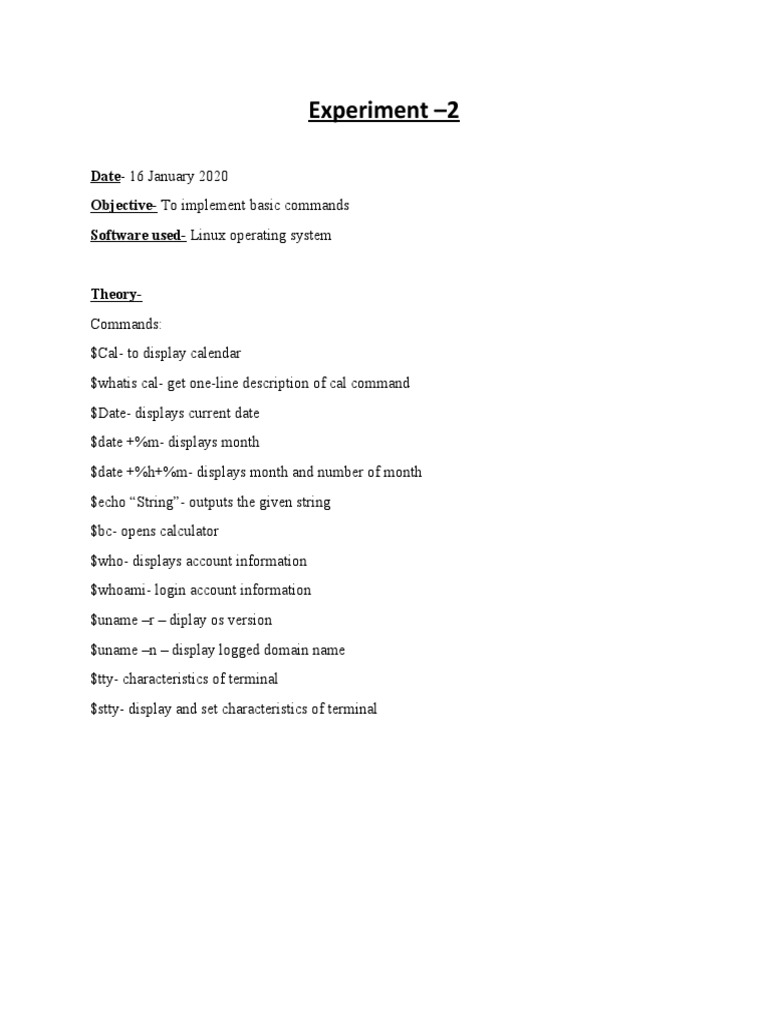 Experiment 2 Date 16 January 2020 Objective To Implement Basic Commands Software Used