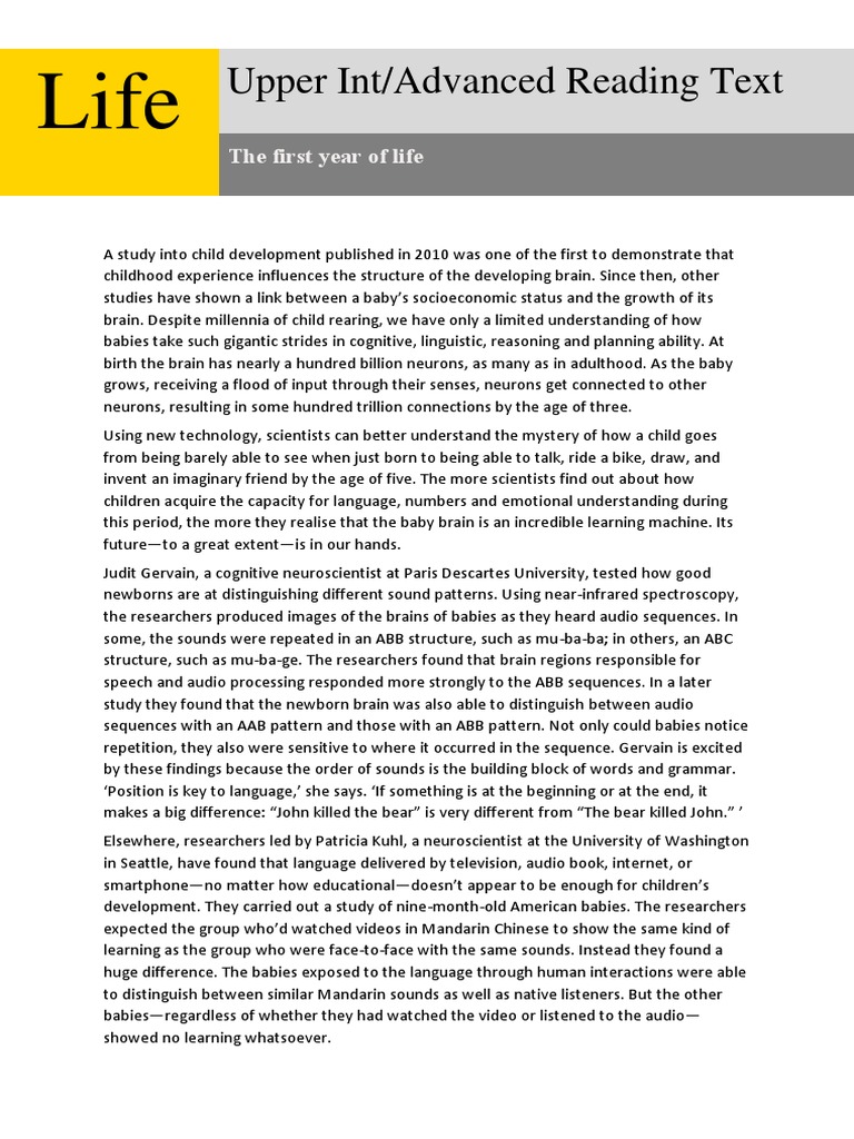 Upper Int/Advanced Reading Text: The First Year of Life | PDF | Brain | Learning