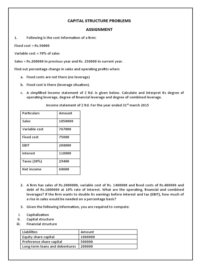 Capital Structure Problems Assignment | PDF | Capital Structure | Leverage (Finance)